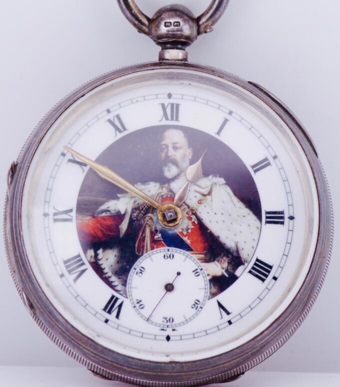 Antique UK Sterling Silver Pocket Watch Enamel Dial Portrait of King ...